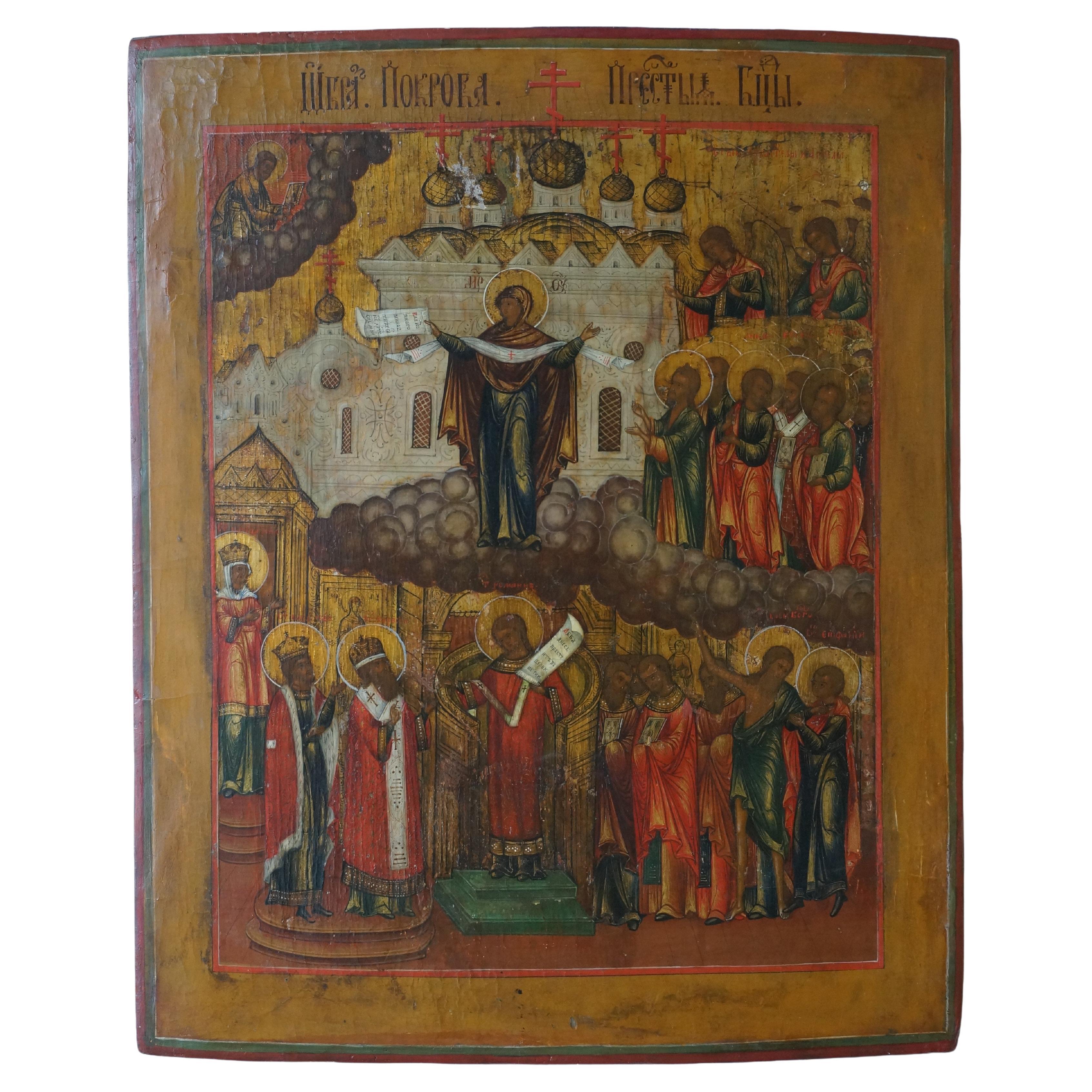 Antique Russian icon 'the Protecting Veil (Pokrov) of the Mother of God', 19th c For Sale at 1stDibs