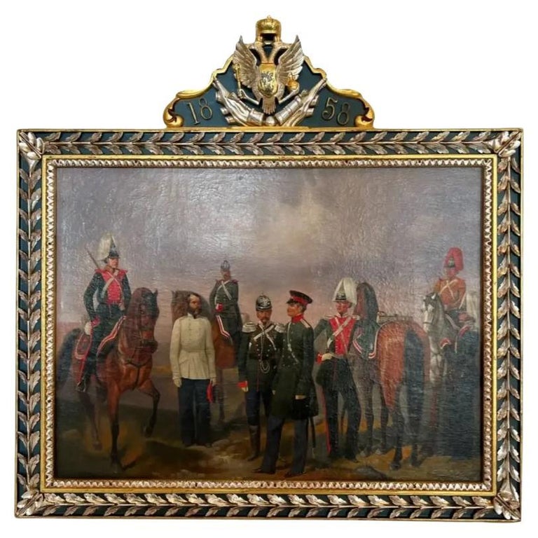 Antique Russian Military Presentation Painting Oil on Canvas Depicting ...