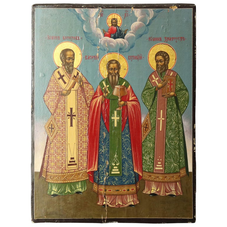 Antique Russian Orthodox Icon Painting on Board, Three Saints, 18th-19th Century at 1stDibs