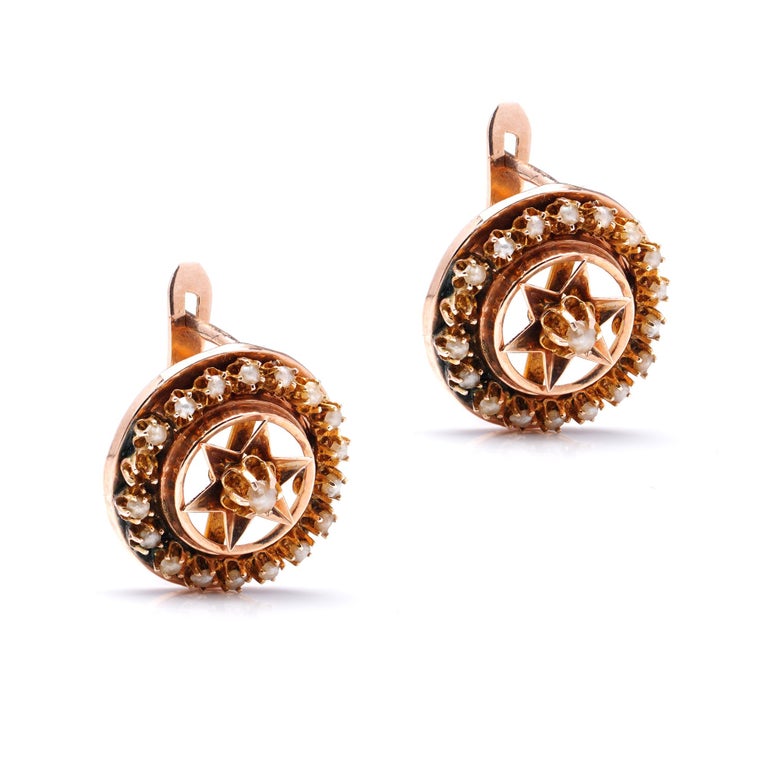 Antique Russian Pair of 12k Pink Gold Round Earrings with Seed Pearls ...