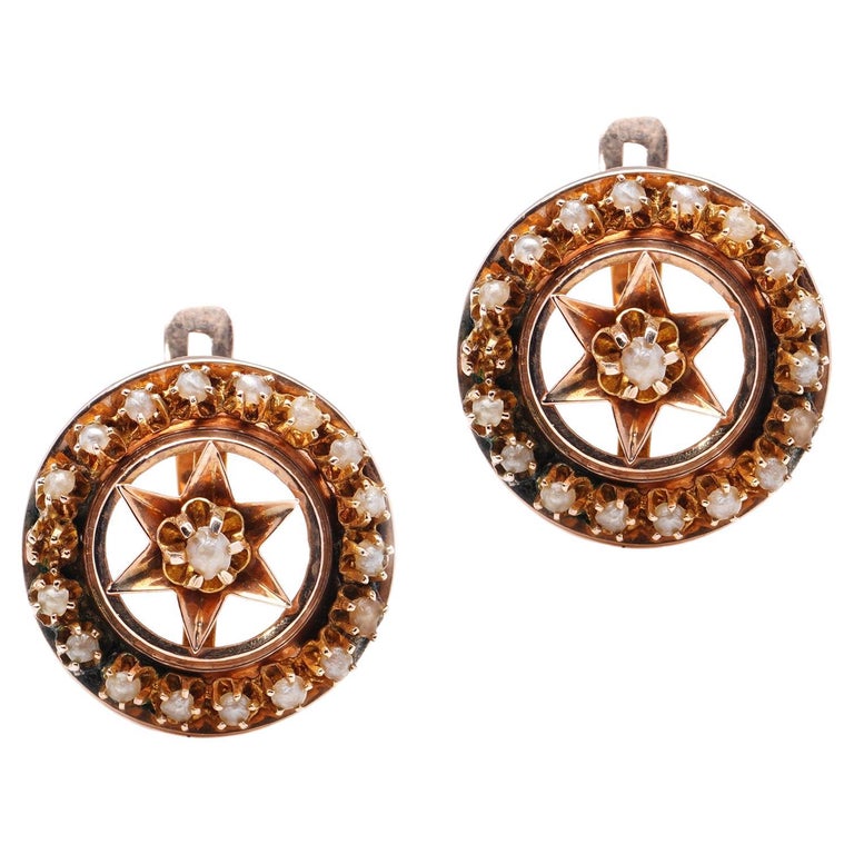 Antique Russian Pair of 12k Pink Gold Round Earrings with Seed Pearls ...