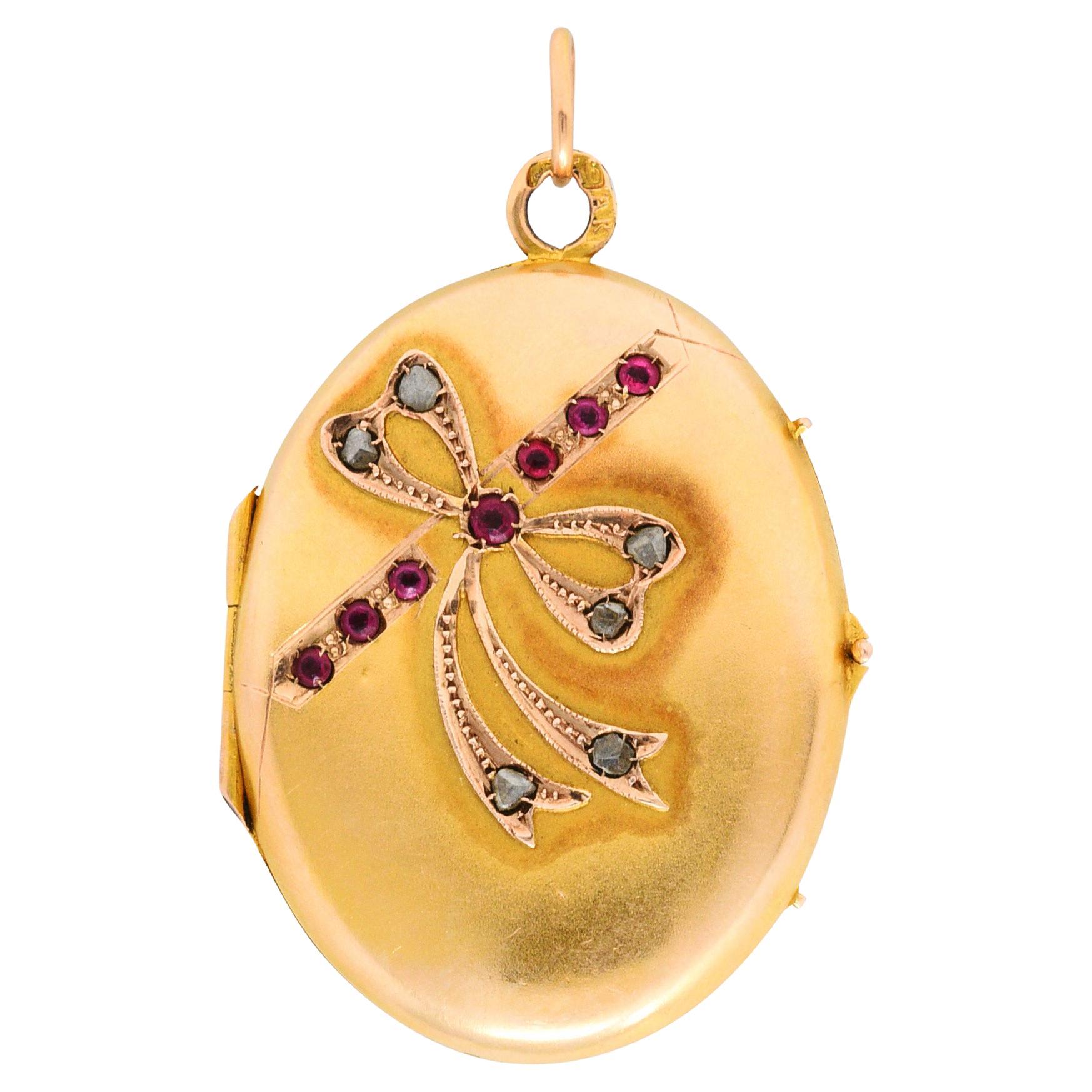 Antique Russian Ruby Diamond 14 Karat Gold Bow Locket For Sale at 1stDibs