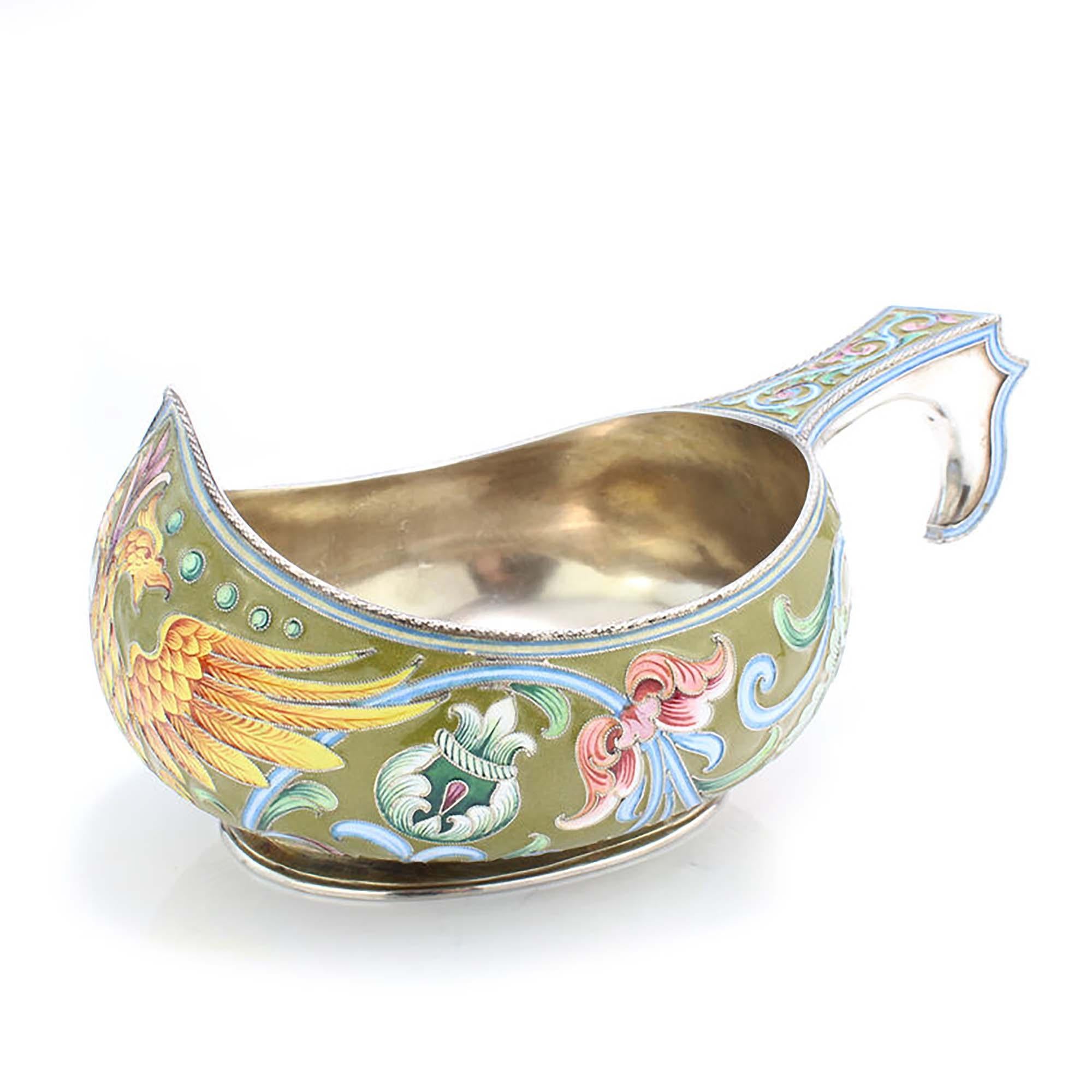 Antique Russian Silver Enamel Kovsh, by Maria Semenova For Sale at 1stDibs