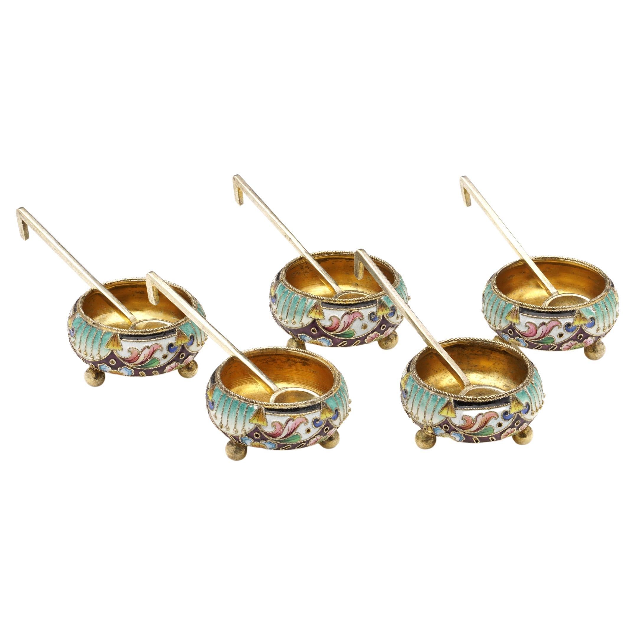 Antique Russian Silver Guild and Shaded Enamel Set of Salts with Spoons ...