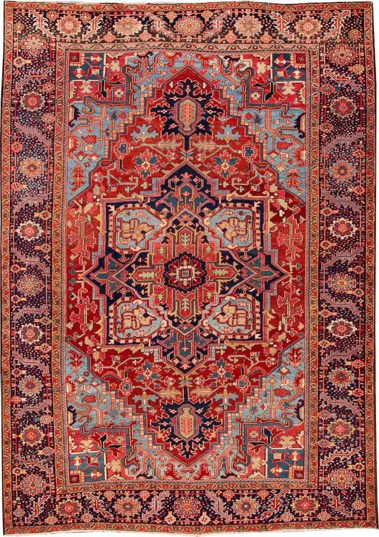 Antique Persian Heriz Red Handmade Medallion Motif Wool Rug For Sale at ...