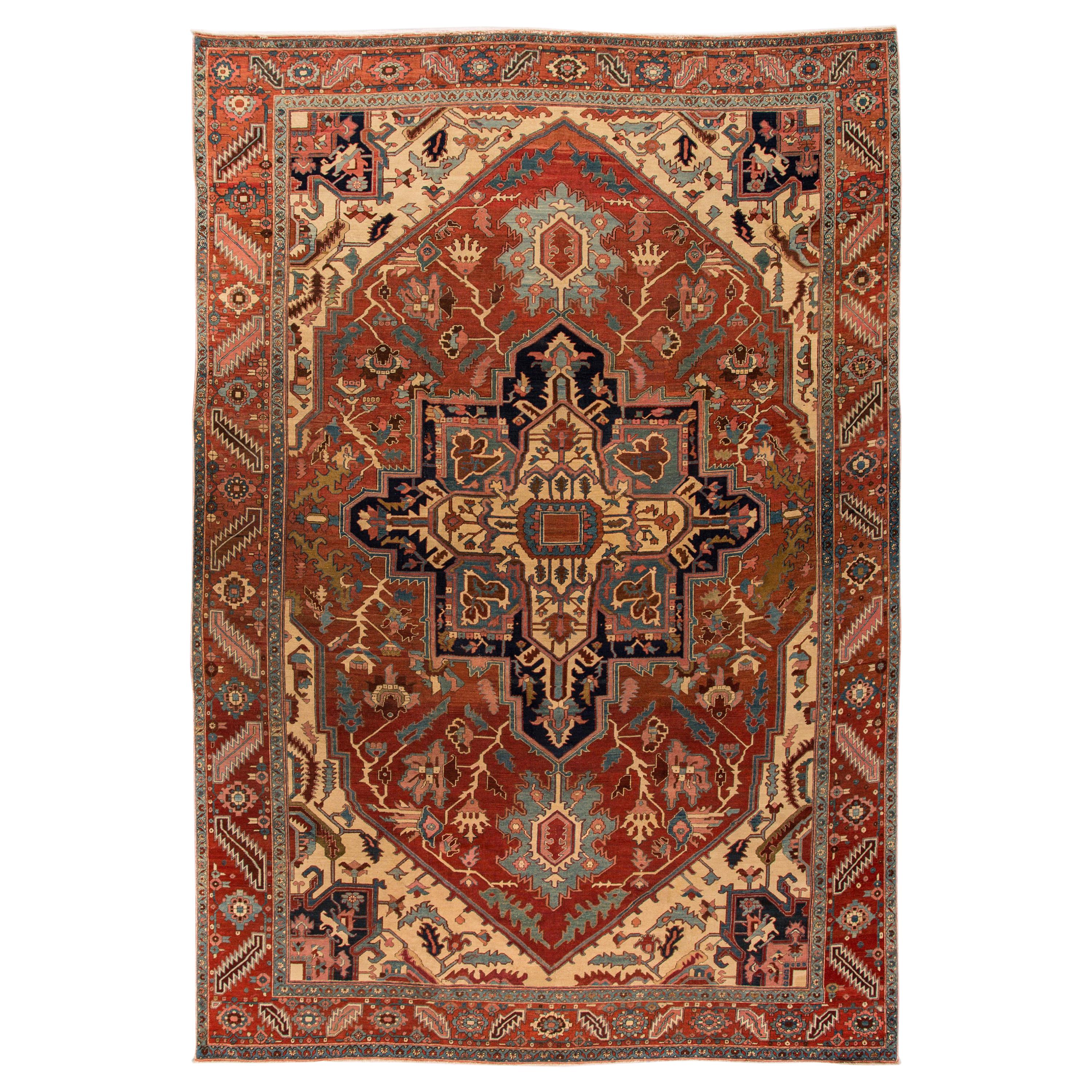 1880 Antique Persian Serapi Rug Even Wear, Classical Rust Navy at 1stDibs