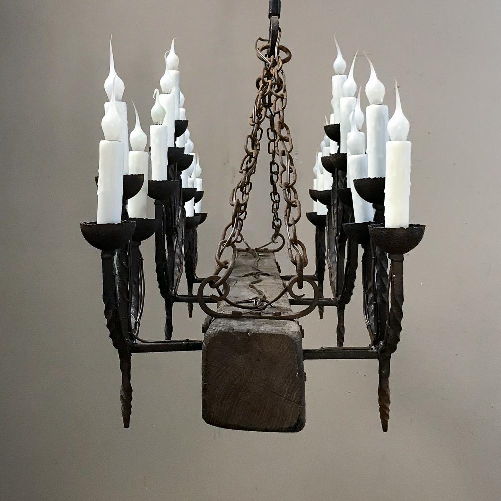 Antique Rustic Country French Wrought Iron and Timber Chandelier at 1stDibs