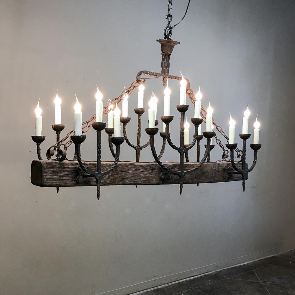 Antique Rustic Country French Wrought Iron and Timber Chandelier at 1stDibs