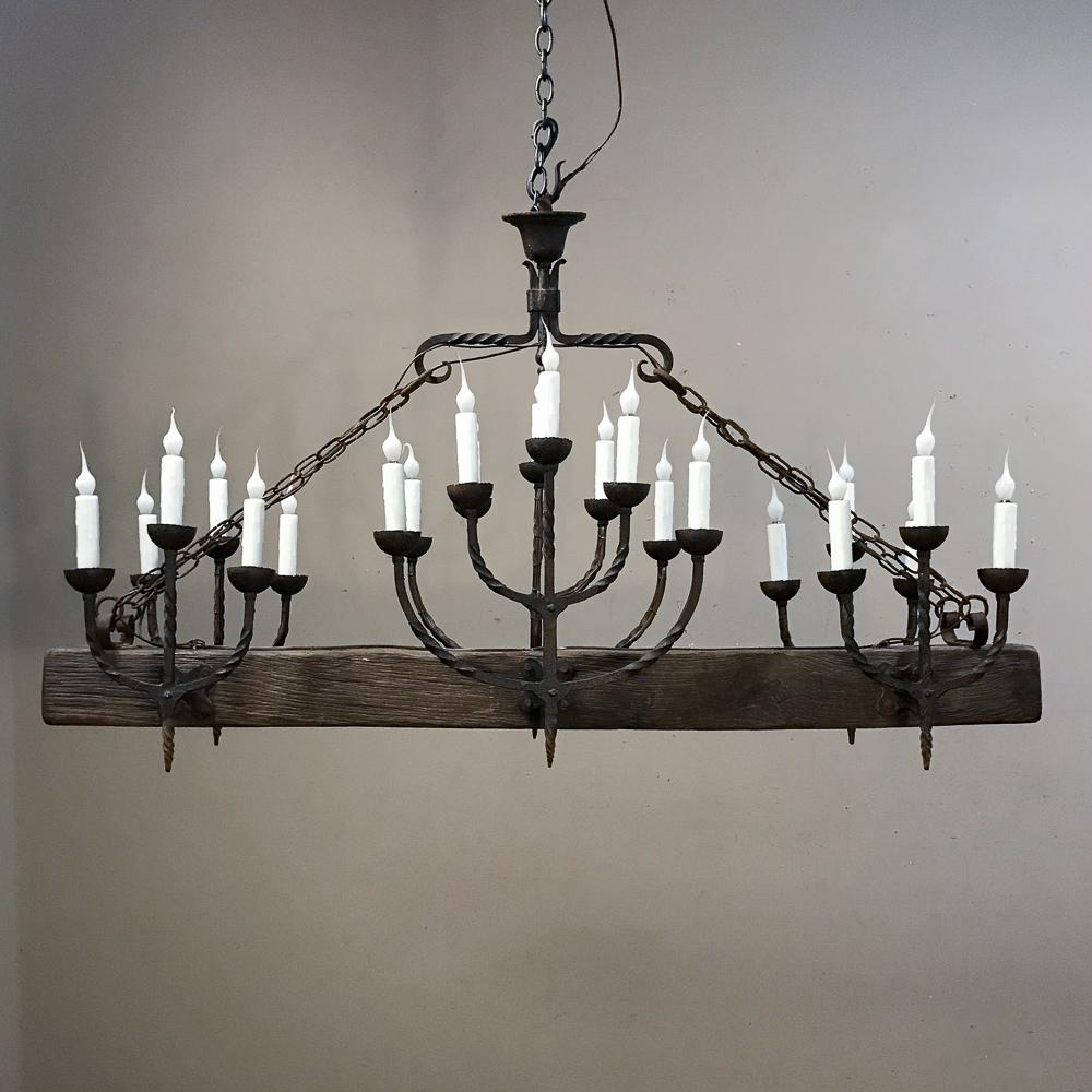 Antique Rustic Country French Wrought Iron and Timber Chandelier at 1stDibs