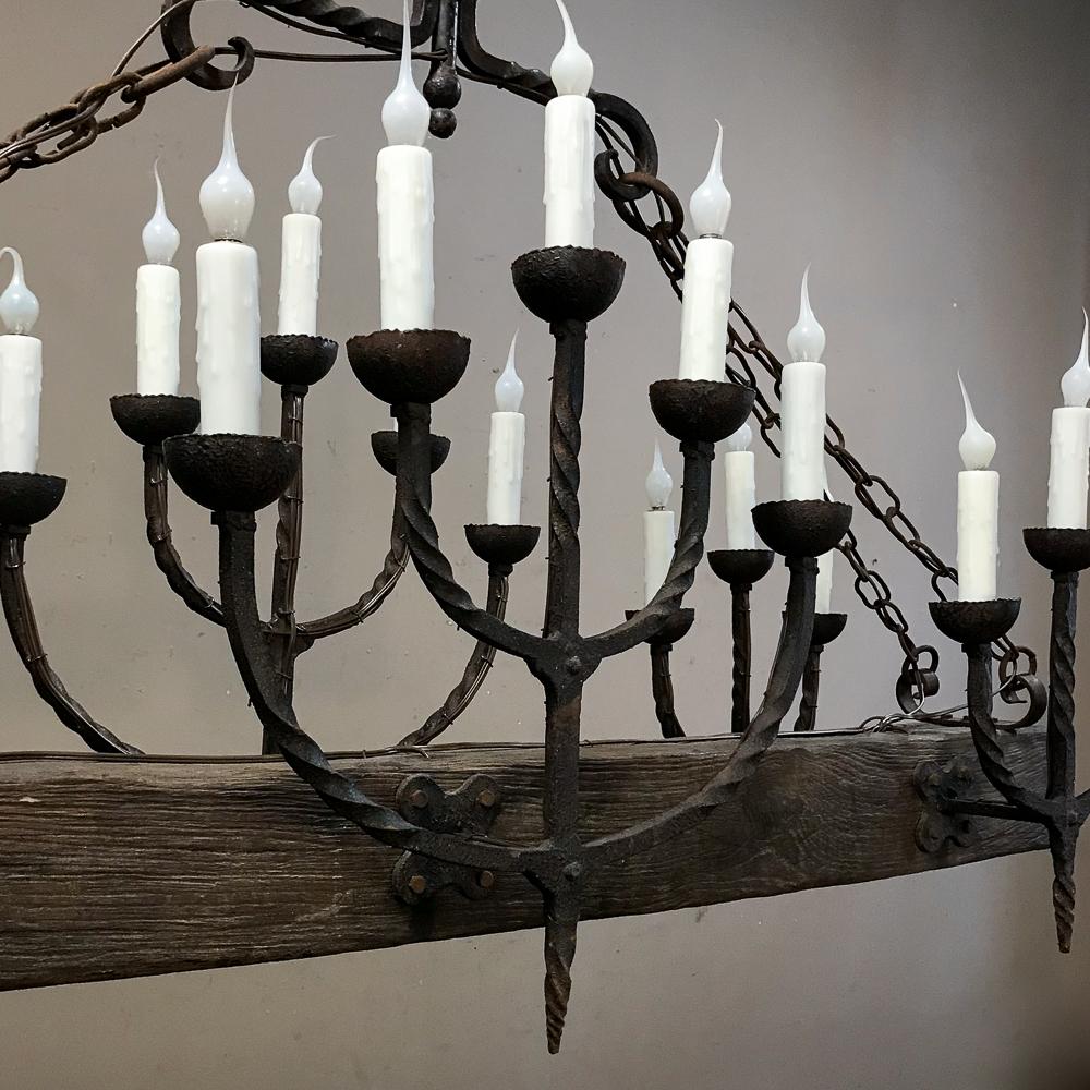 Antique Rustic Country French Wrought Iron and Timber Chandelier at 1stDibs