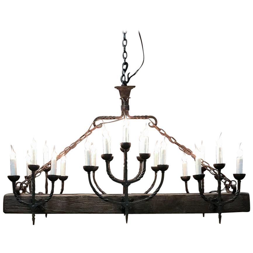 Antique Rustic Country French Wrought Iron and Timber Chandelier at 1stDibs