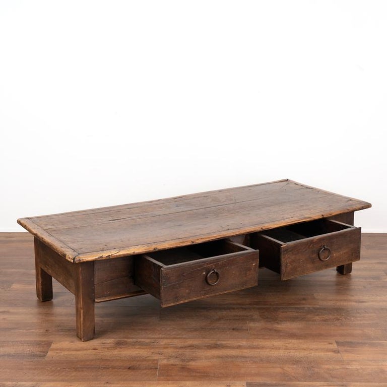 Antique Rustic Elm Coffee Table with Two Drawers For Sale at 1stDibs