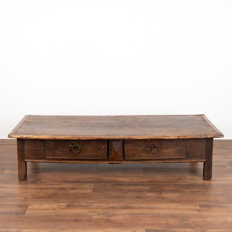 Antique Rustic Elm Coffee Table with Two Drawers For Sale at 1stDibs