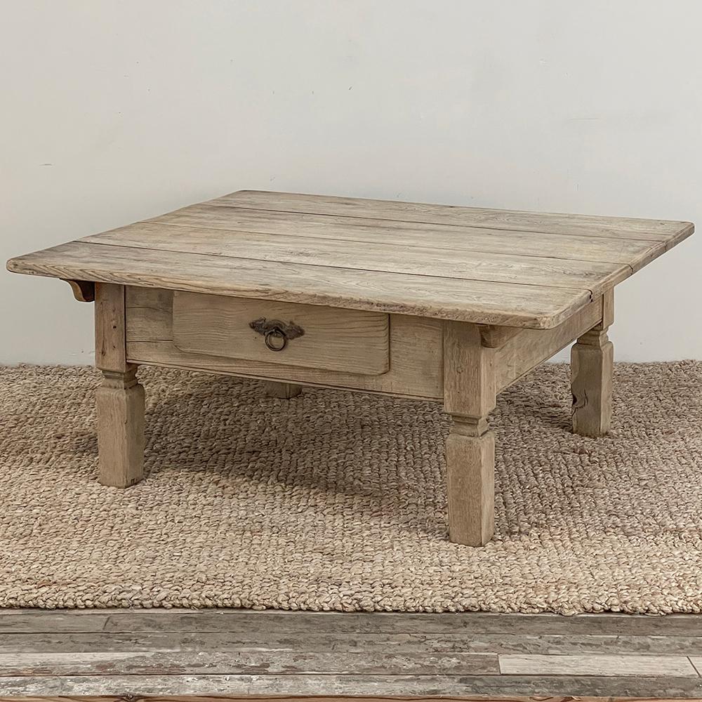 Antique Rustic European Stripped Oak Coffee Table For Sale at 1stDibs
