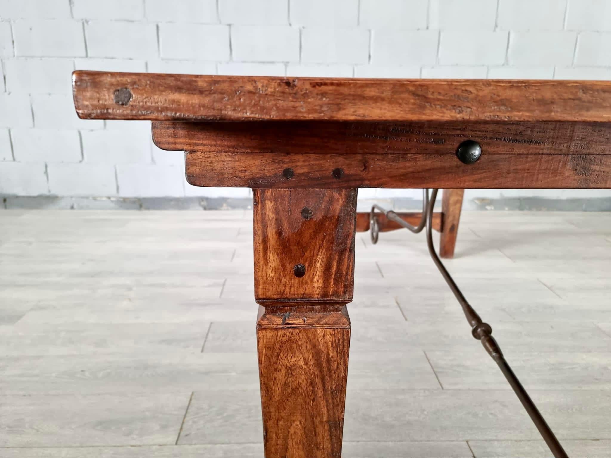 Antique Rustic Farmhouse Trestle Dining Table With Wrought Iron For ...