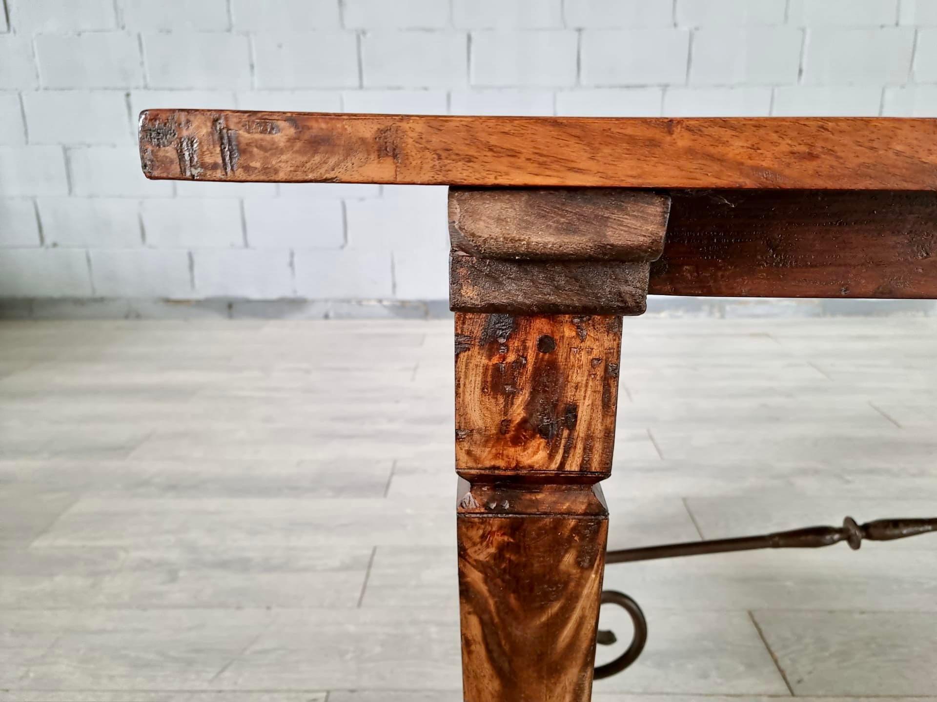 Antique Rustic Farmhouse Trestle Dining Table With Wrought Iron For ...