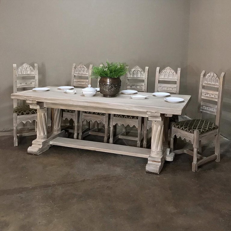 Antique Rustic Gothic Whitewashed Oak Dining Table For Sale at 1stDibs