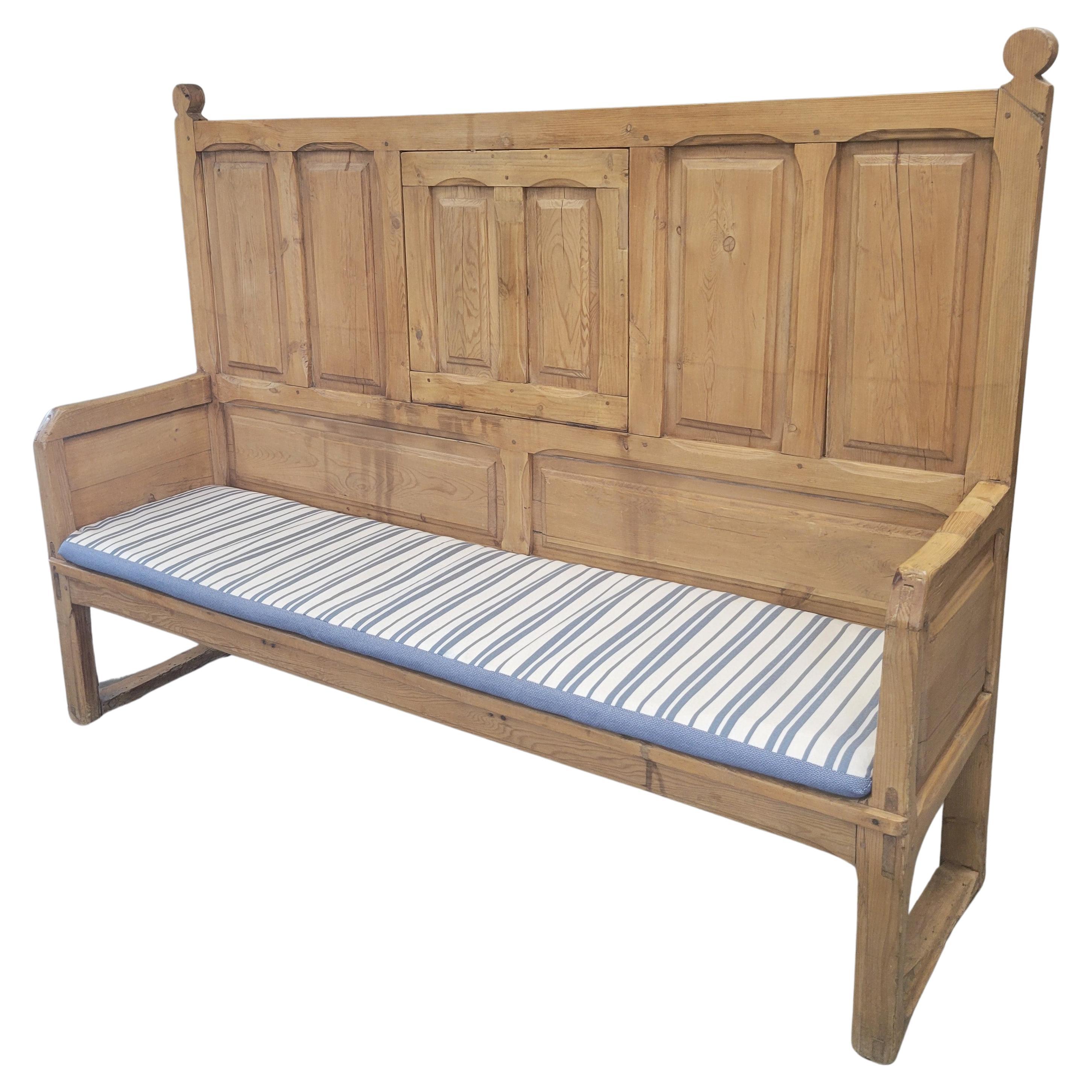 Antique Rustic Pine Long Settle Bench With Blue and White Cushion For ...