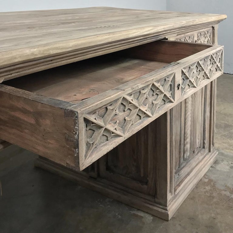 Antique Rustic Whitewashed Pine Gothic Partners Desk at 1stDibs