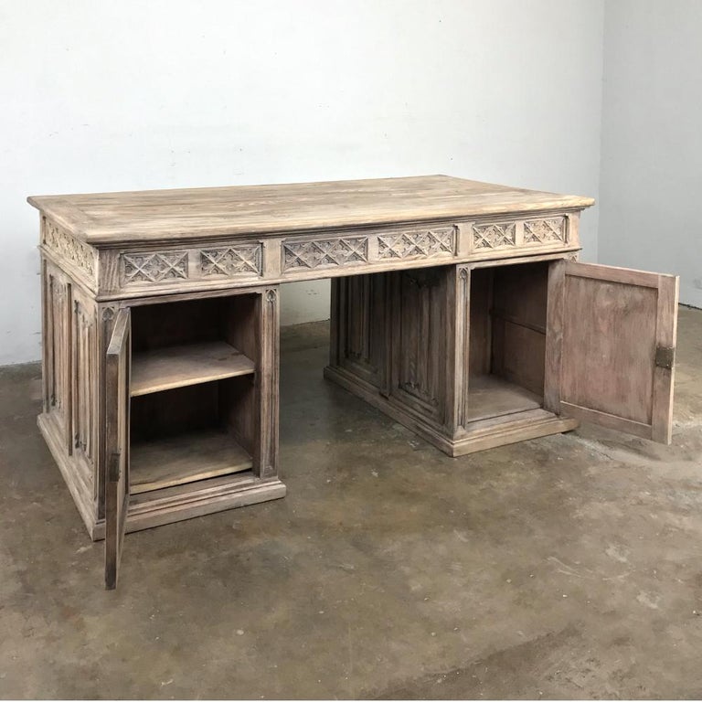 Antique Rustic Whitewashed Pine Gothic Partners Desk at 1stDibs