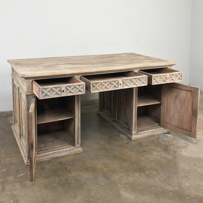 Antique Rustic Whitewashed Pine Gothic Partners Desk at 1stDibs