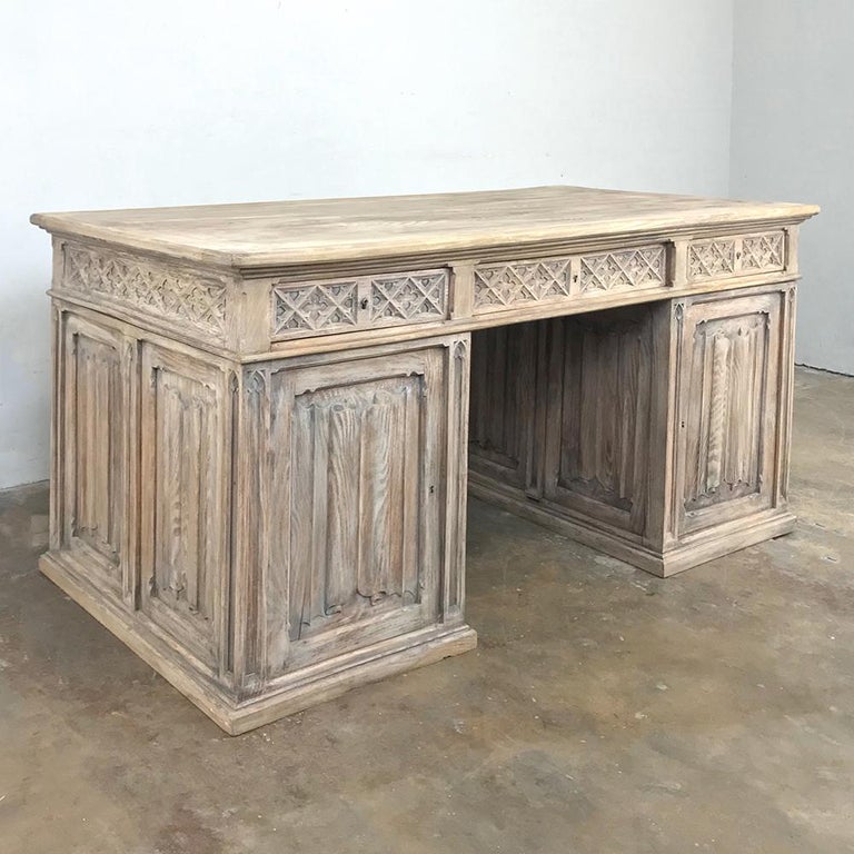 Antique Rustic Whitewashed Pine Gothic Partners Desk at 1stDibs