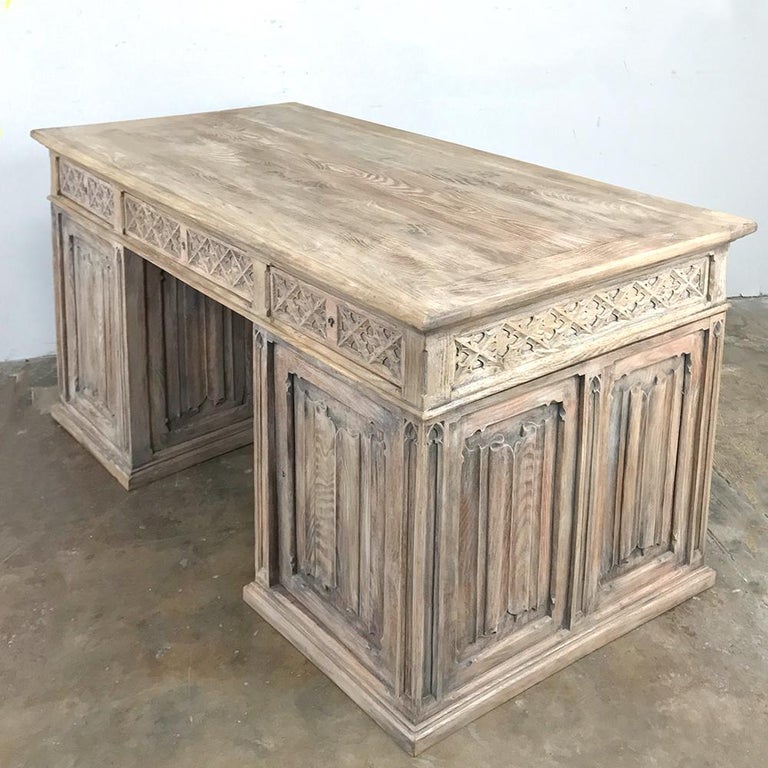 Antique Rustic Whitewashed Pine Gothic Partners Desk at 1stDibs