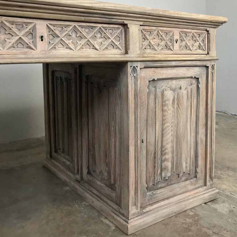 Antique Rustic Whitewashed Pine Gothic Partners Desk at 1stDibs