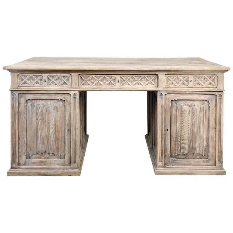 Antique Rustic Whitewashed Pine Gothic Partners Desk at 1stDibs