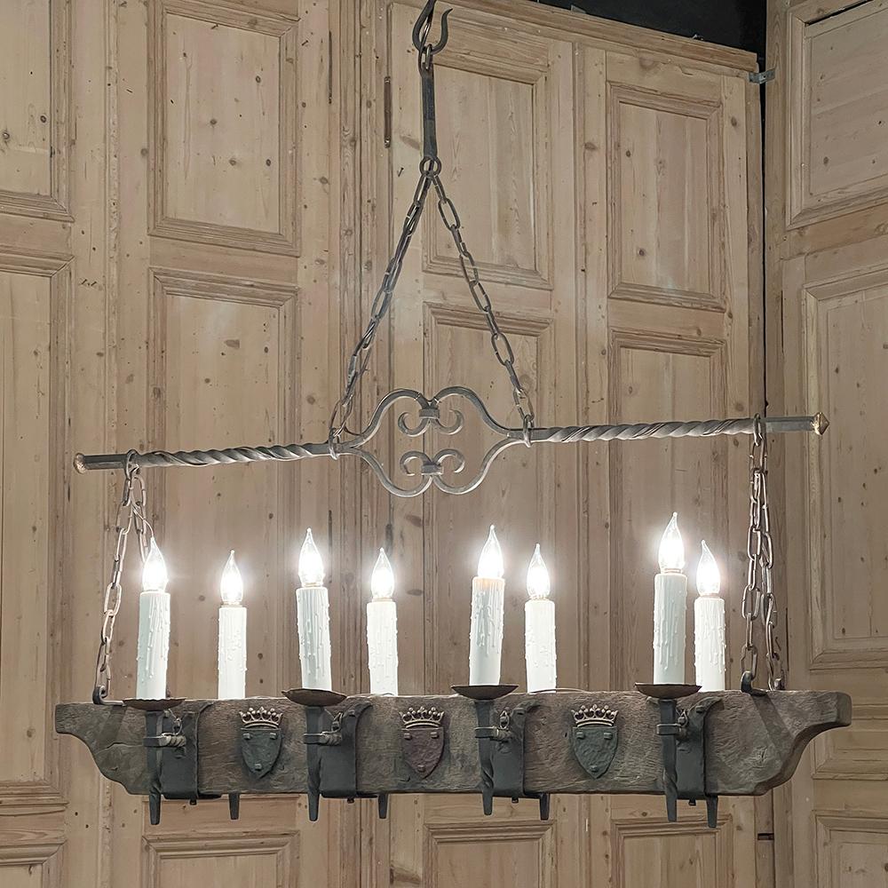 Antique Rustic Wrought Iron and Timber Chandelier For Sale at 1stDibs