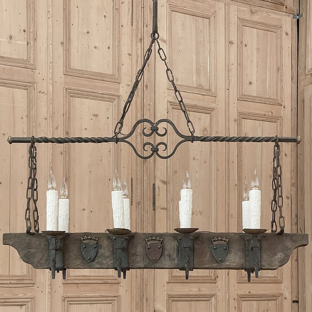 Antique Rustic Wrought Iron and Timber Chandelier For Sale at 1stDibs