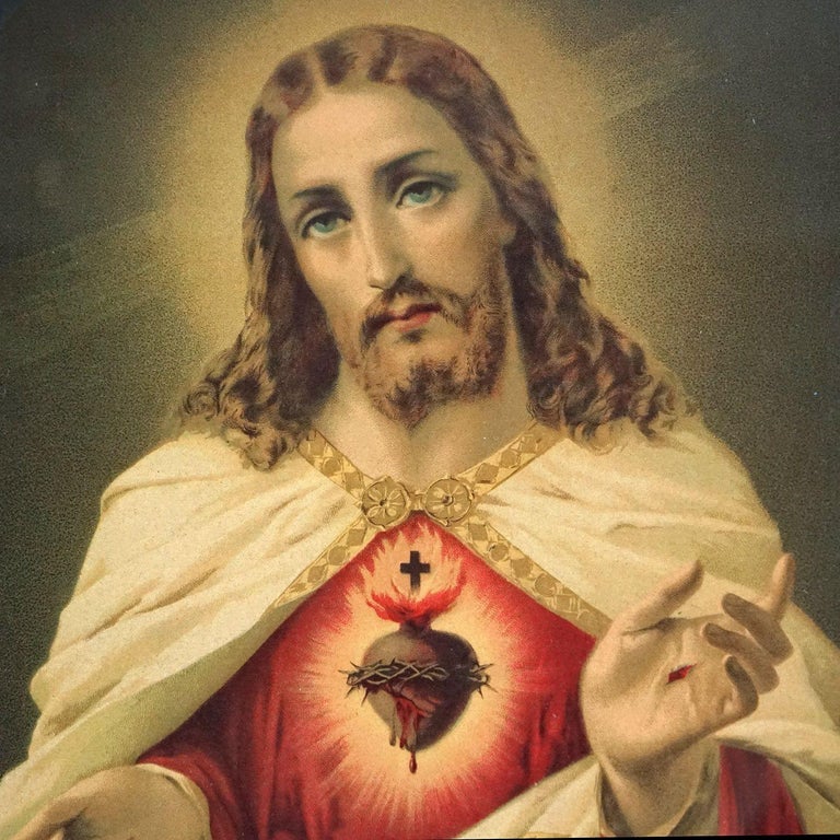 Antique Sacred Heart of Jesus Print in Ebonised Frame, Early 20th ...