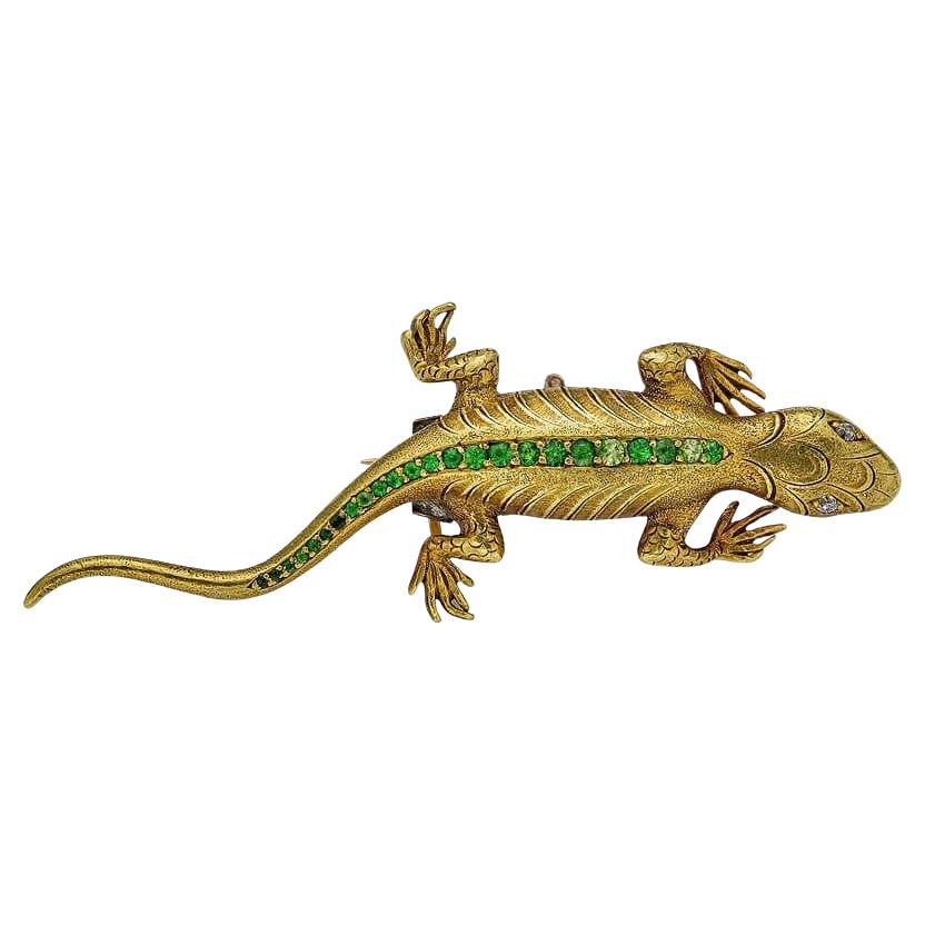 Antique Salamander Brooch with Dementoid Garnets For Sale at 1stDibs