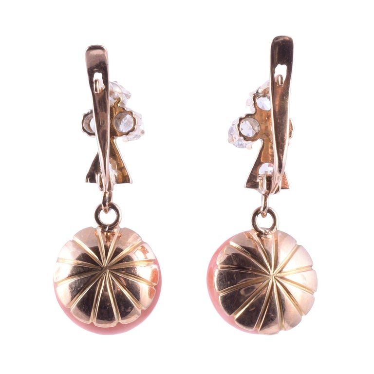 Antique Salmon Coral and Diamond 18K Earrings For Sale at 1stDibs