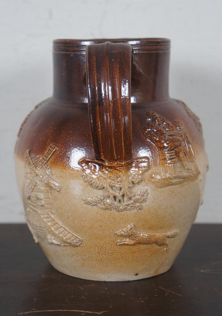 Antique Salt Glaze Two Tone Stoneware Pitcher Fox Hunt Scene Windmill ...