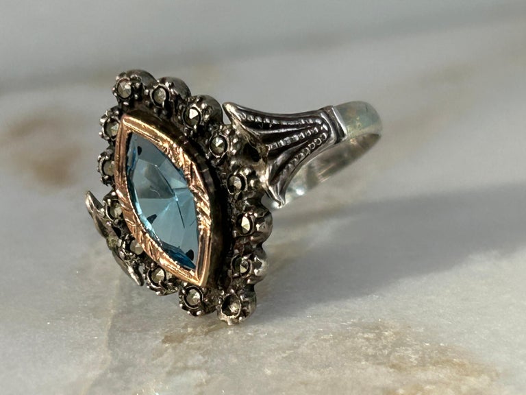 Antique Santa Maria Aquamarine Marquise 14k Gold Ring For Sale at 1stDibs