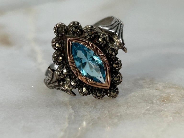 Antique Santa Maria Aquamarine Marquise 14k Gold Ring For Sale at 1stDibs