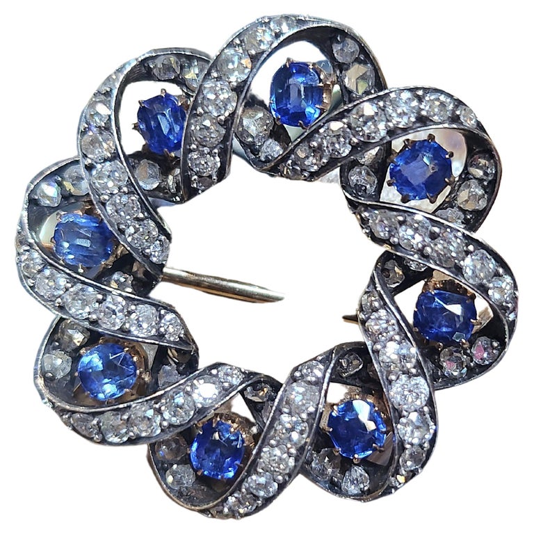 Antique Sapphire and Rose Cut Diamond Gold Brooch For Sale at 1stDibs
