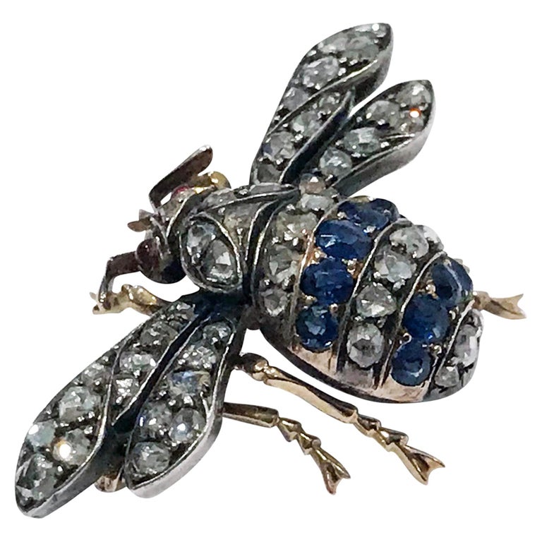 Antique Sapphire Diamond Ruby Bee Brooch For Sale at 1stDibs
