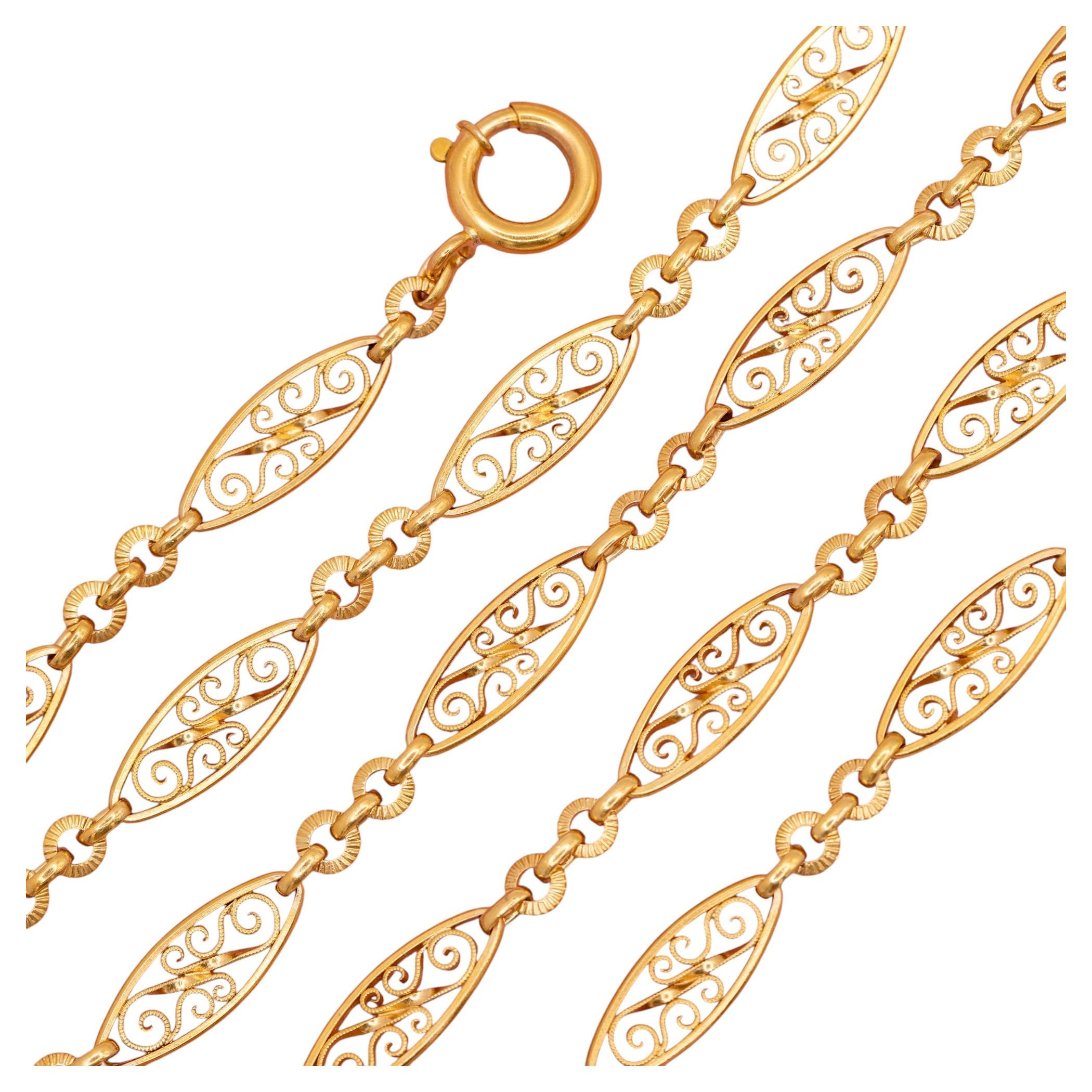 Antique 18k solid gold Sautoir - long guard necklace - rare Hollow ...
