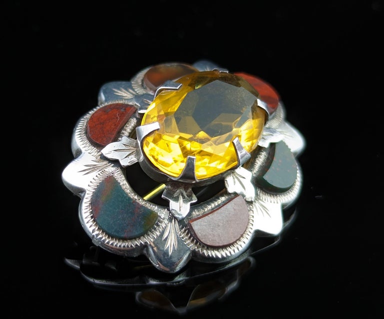 Antique Scottish Agate Brooch, Sterling Silver, C1910s at 1stDibs