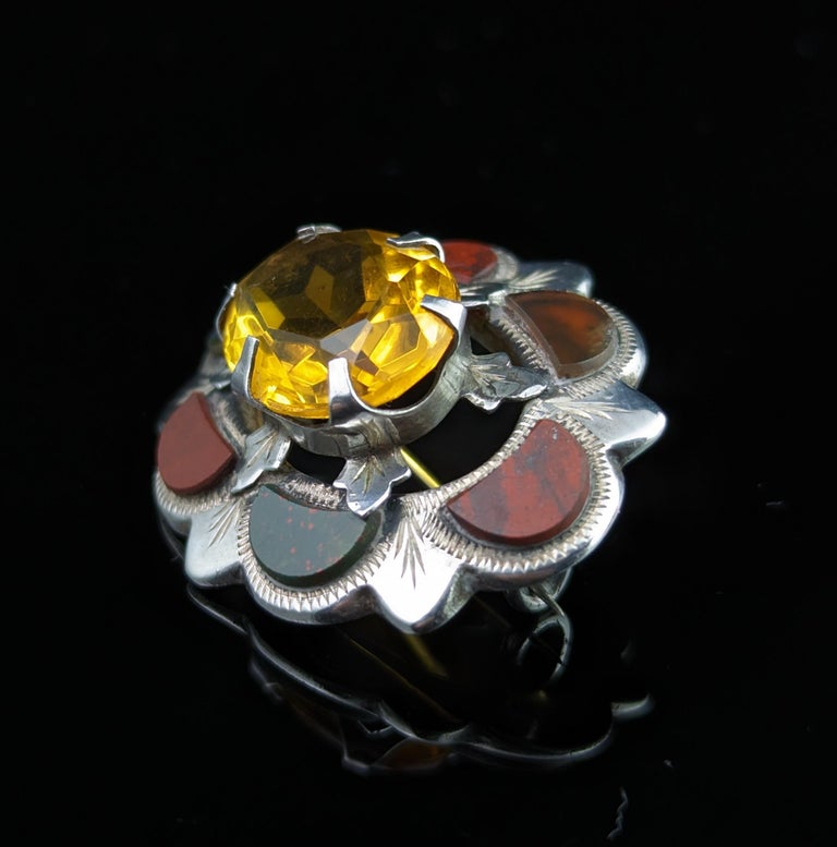 Antique Scottish Agate Brooch, Sterling Silver, C1910s at 1stDibs