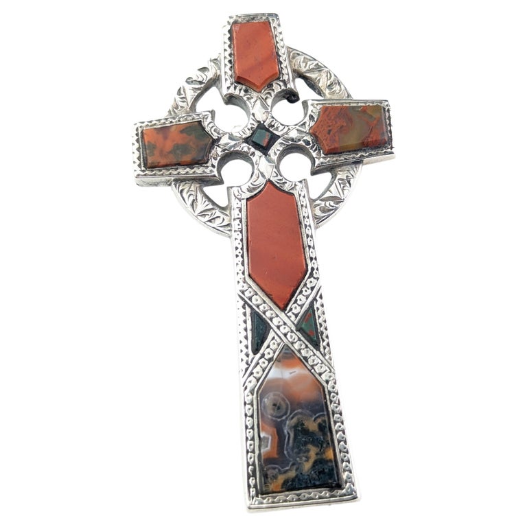 Antique Scottish Agate Celtic cross brooch, Sterling silver For Sale at ...