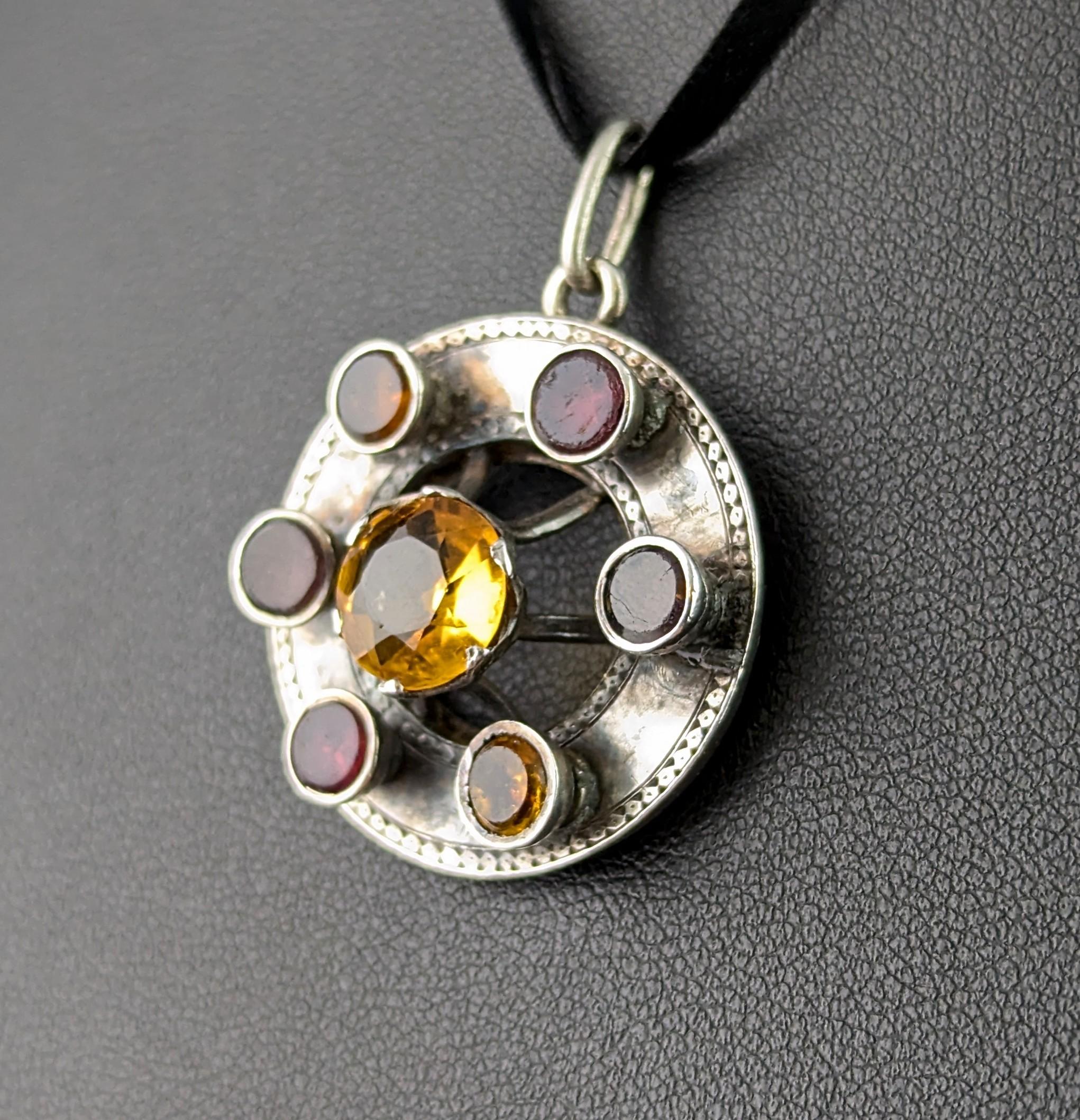 Antique Scottish Citrine and Garnet pendant, Sterling silver at 1stDibs