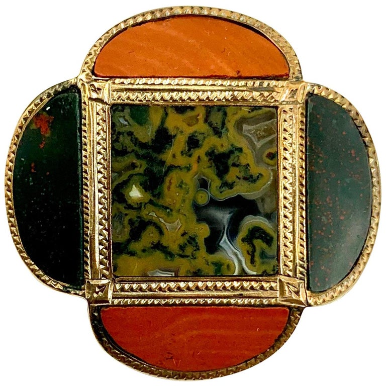 Antique Scottish Gold, Agate, Red Jasper, Bloodstone Four Leaf Clover ...
