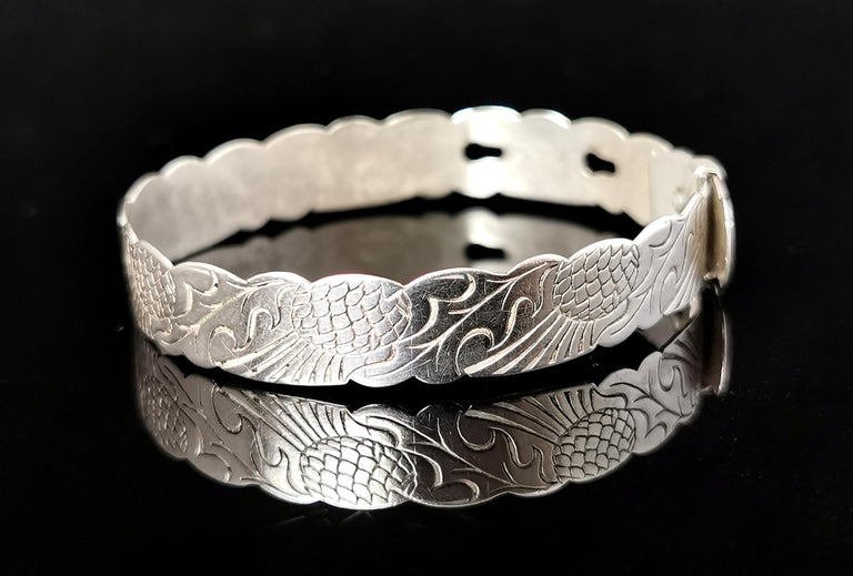 Antique Scottish Silver Thistle Bangle, Buckle Design at 1stDibs