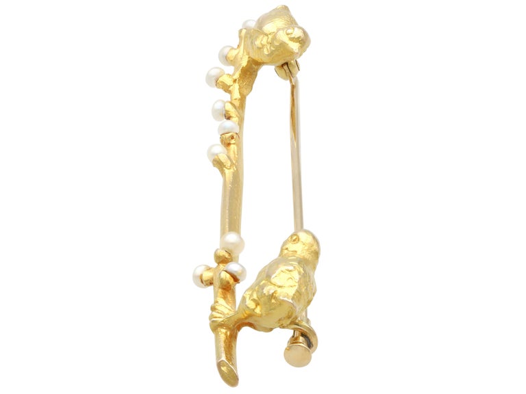 Antique Seed Pearl and Yellow Gold Bird Bar Brooch For Sale at 1stDibs
