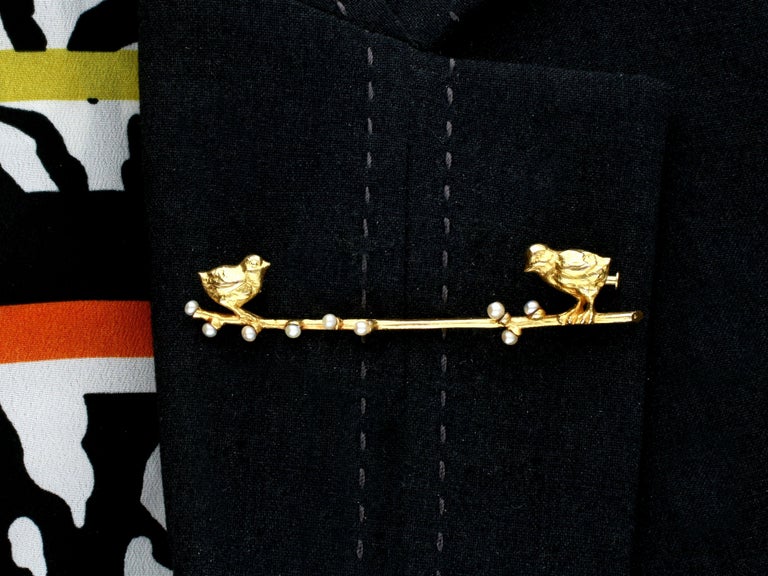 Antique Seed Pearl and Yellow Gold Bird Bar Brooch For Sale at 1stDibs