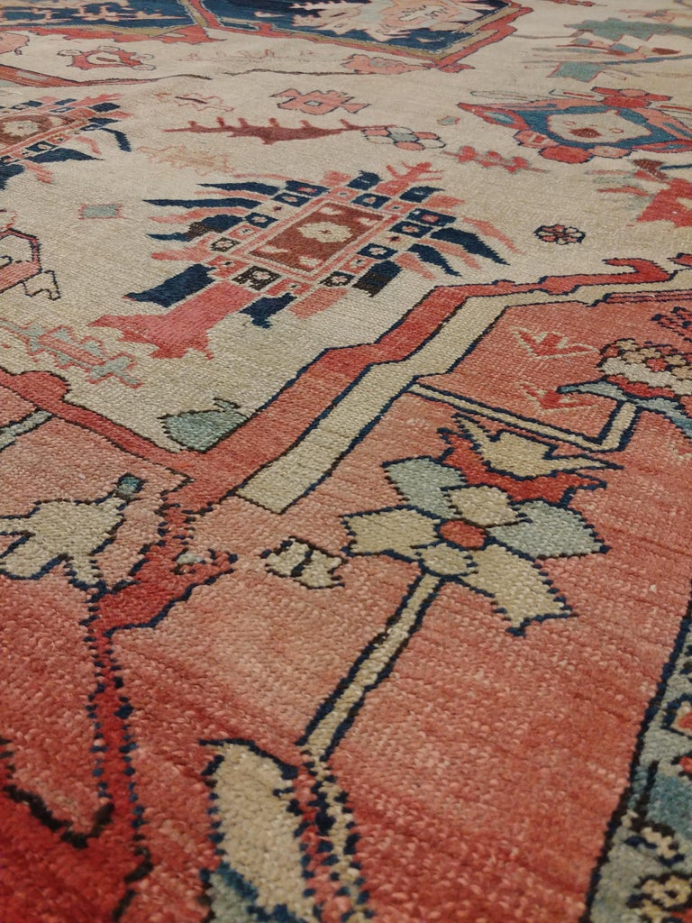 Antique Serapi Carpet, Handmade Wool Oriental Rug, Ivory, Rust, Navy ...