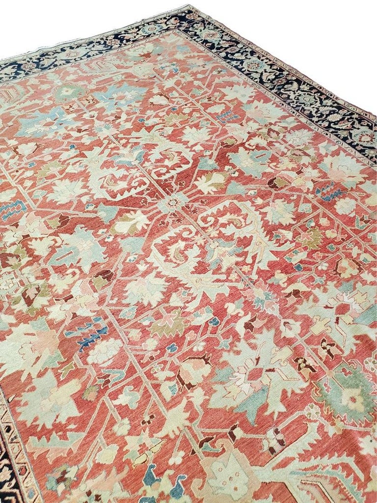 Antique Serapi Rug, Faded Red and Blue with Navy Border For Sale at 1stDibs